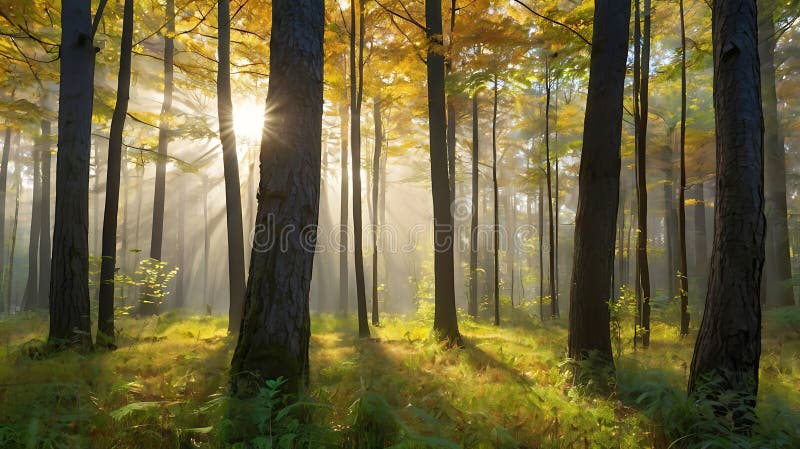 Morning Rays through a Dense Forest Canopy Stock Illustration ...