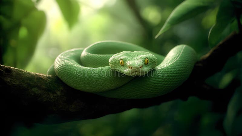 Green Snake on a Tree in the Forest3. Stock Photo - Image of frog ...