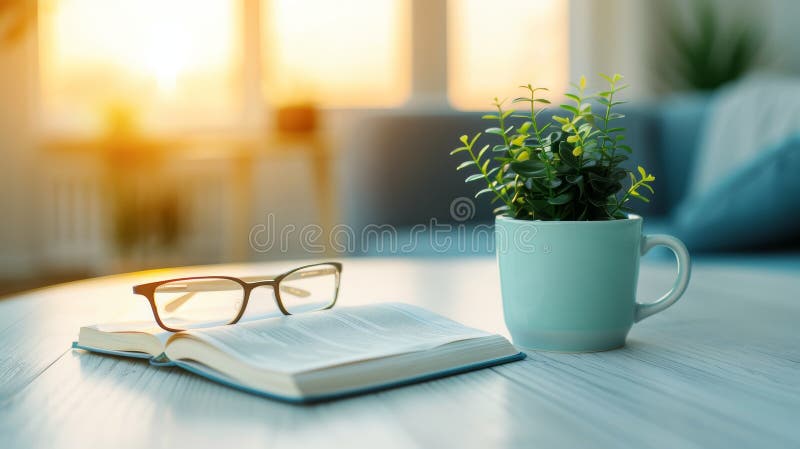 Morning Reading with Coffee and Plant Stock Illustration - Illustration ...