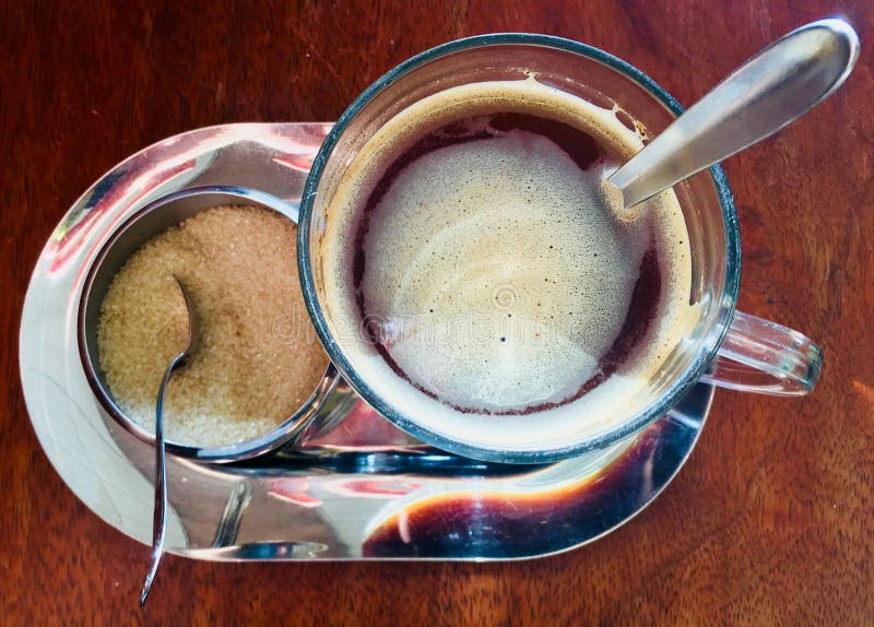 Morning Refreshment on Wooden Table Coffee with Brown Sugar Stock Image ...