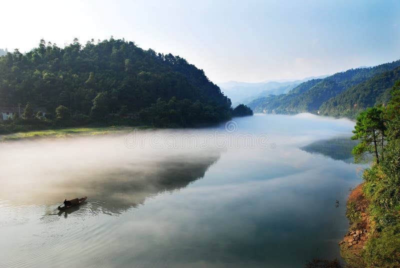 Morning River Fog Creeps Over the Water Beautiful View Blue Sky Clouds ...