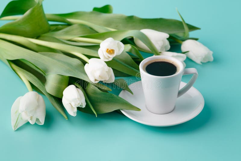Morning Romantic Gift with White Tulips and Coffee Cup Stock Image ...