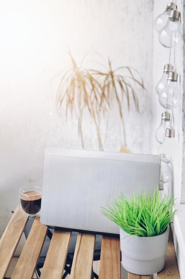 Morning Routine at Balcony. Remote Working Place at Home Stock Image ...