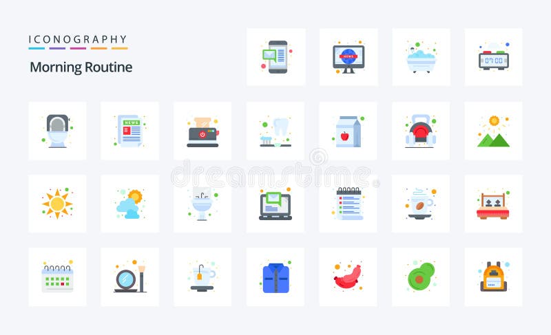 25 Morning Routine Flat Color Icon Pack Stock Vector - Illustration of ...