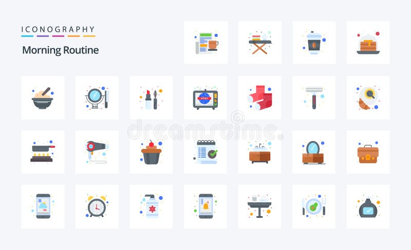25 Morning Routine Flat Color Icon Pack Stock Vector - Illustration of ...