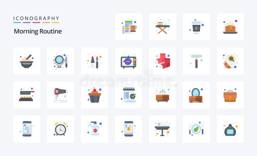 25 Morning Routine Flat Color Icon Pack Stock Vector - Illustration of ...
