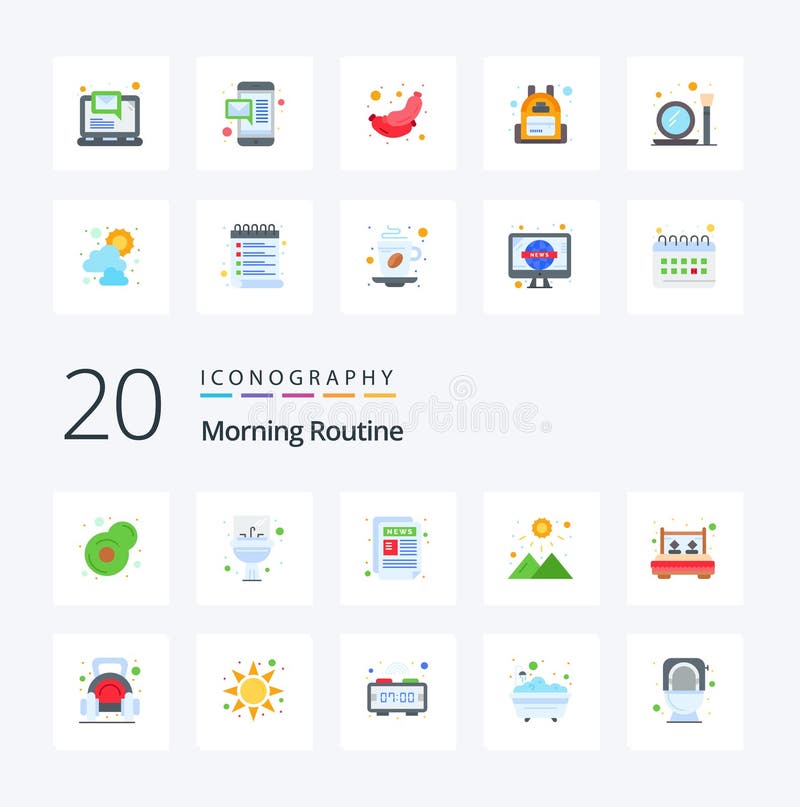 20 Morning Routine Flat Color Icon Pack Like Interior Bed Newspaper ...