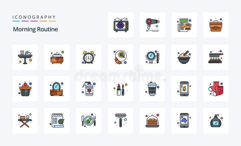 25 Morning Routine Line Filled Style Icon Pack. Vector Iconography ...
