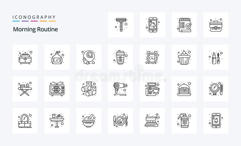 25 Morning Routine Line Icon Pack Stock Vector - Illustration of spray ...