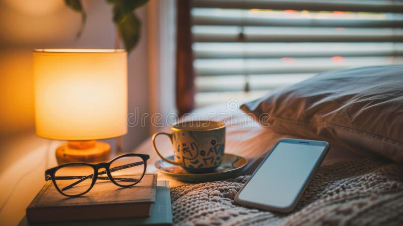 Morning Routine with Smartphone and Coffee Cup on Cozy Bedside Table ...