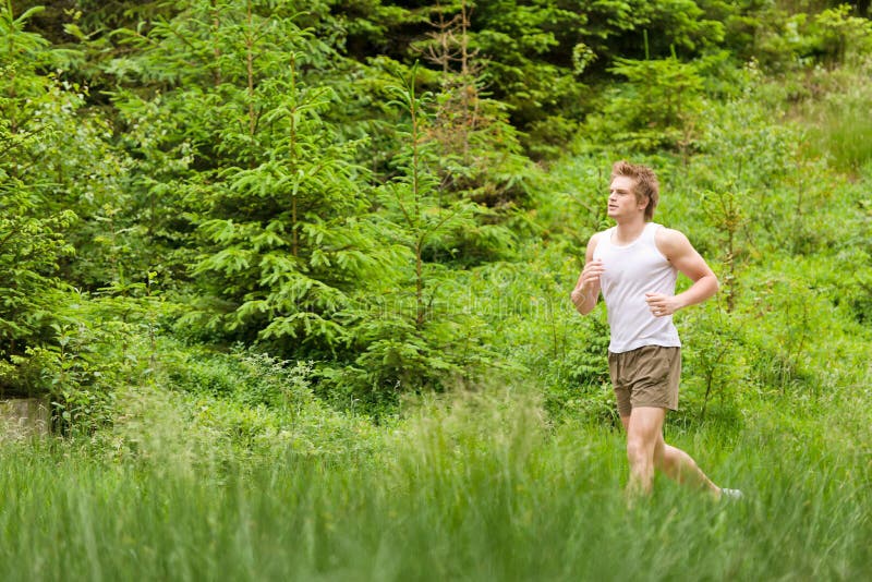 Morning Run: Young Man Jogging in Nature Stock Image - Image of alone ...