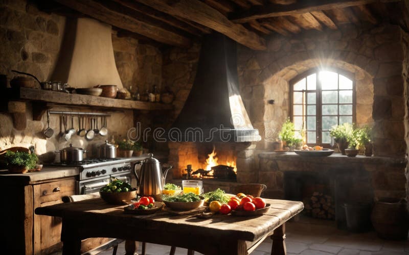 Morning in an Rustic Italian Kitchen with a Lit Fireplace Stock ...