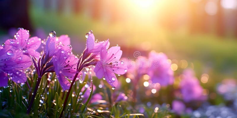 Morning Scene with Dew Drops on Spring Flowers. Generative AI Stock ...