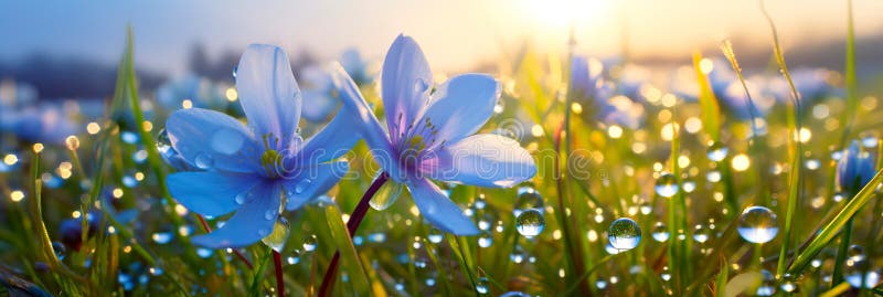 Morning Scene with Dew Drops on Spring Flowers. Generative AI Stock ...