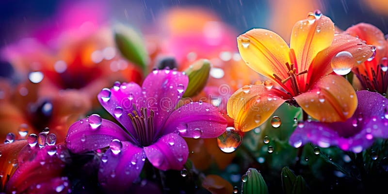 Morning Scene with Dew Drops on Spring Flowers. Generative AI Stock ...