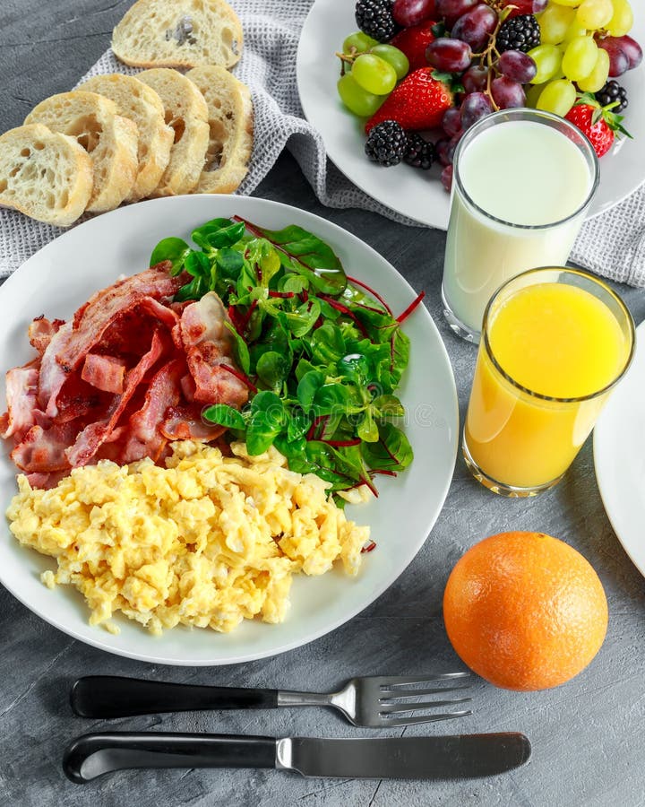 Morning Scrambled Egg, Bacon Breakfast with Orange Juice, Milk, Fruit ...