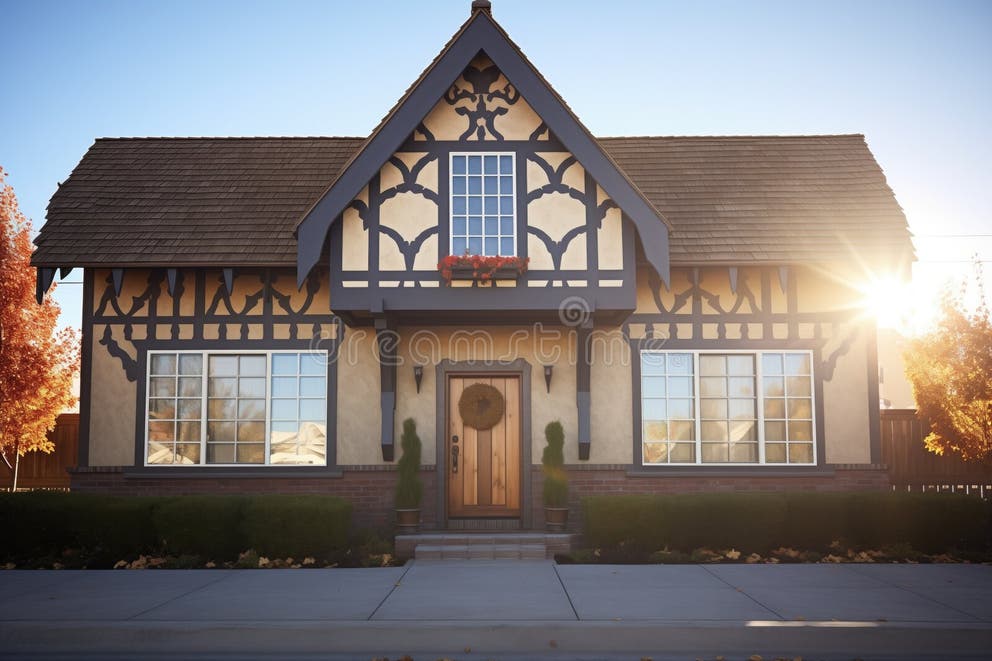 Morning Sun Casting Shadows on Tudor Front Gable Stock Photo - Image of ...