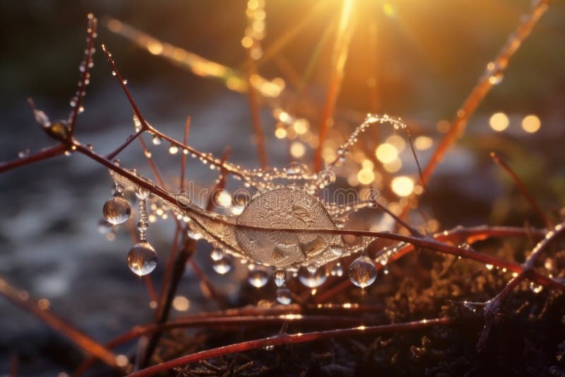 Morning Sun Rays Reflecting on Frozen Dew Drops Stock Illustration ...