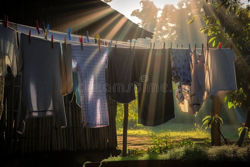 Morning Sun Shining on Clothes Drying after a Rainy Night Stock ...