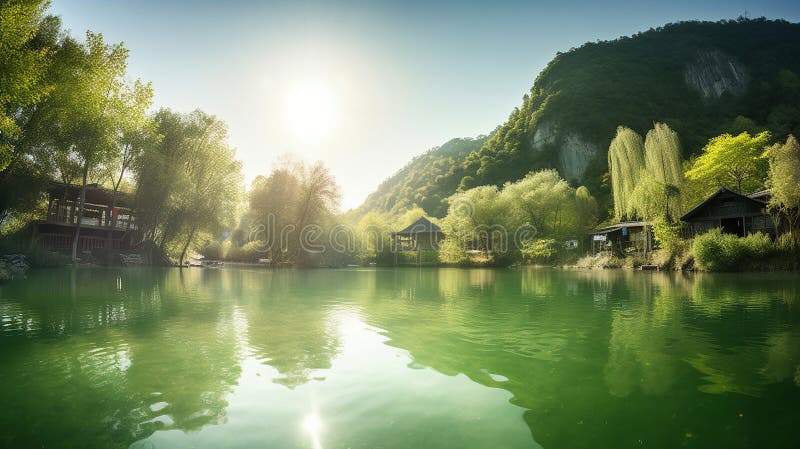 Morning Sun Shone on the Mountain. Generative AI Stock Illustration ...