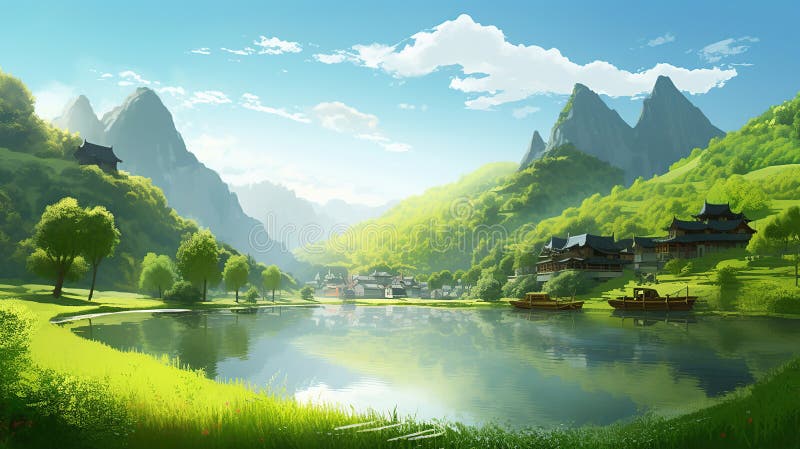 Morning Sun Shone on the Mountain. Generative AI Stock Illustration ...