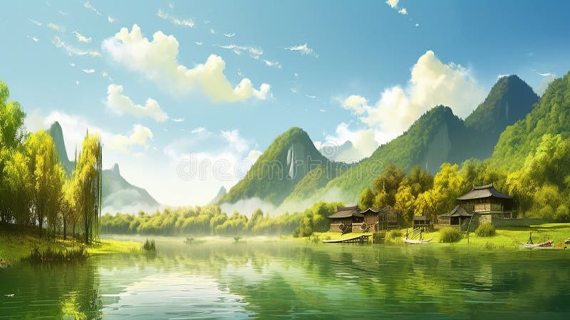 Morning Sun Shone on the Mountain. Generative AI Stock Illustration ...