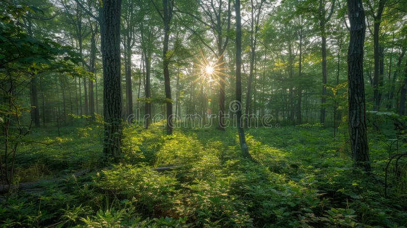 Morning Sunlight through Forest Trees Stock Photo - Image of woodland ...