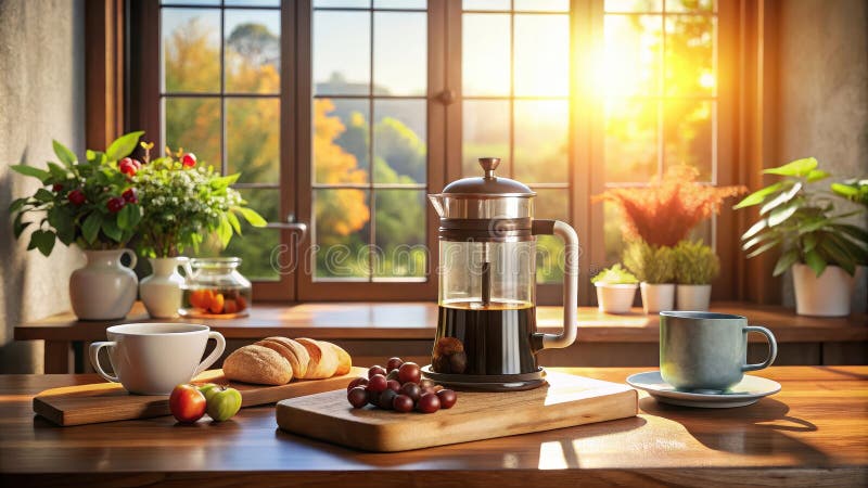 Morning Sunlight Illuminates a Rustic Kitchen Table Setting Featuring ...