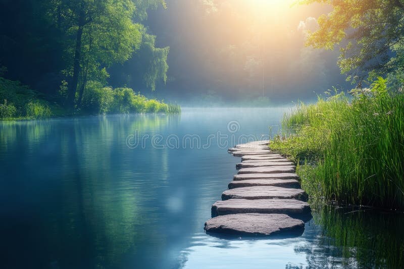 Morning Sunlight Illuminates a Tranquil Pathway Over a Serene River ...