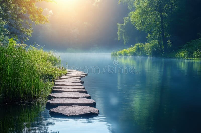 Morning Sunlight Illuminates a Tranquil Pathway Over a Serene River ...