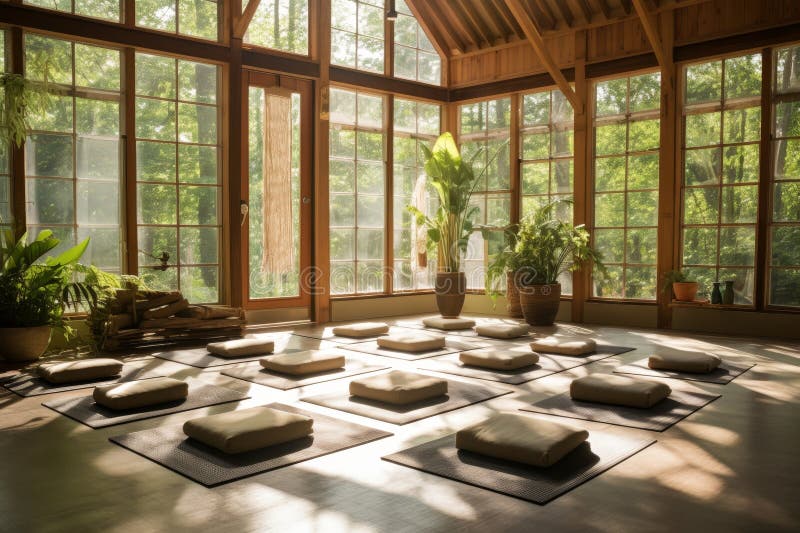 Morning Sunlight Illuminating a Peaceful Yoga Studio with Forest View ...