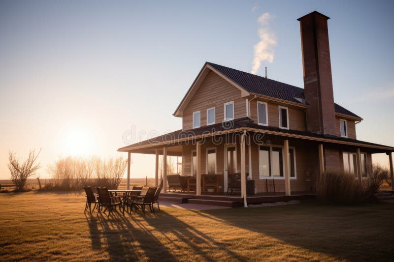 Morning Sunlight on a Prairie House with Tall Chimney Stock Image ...