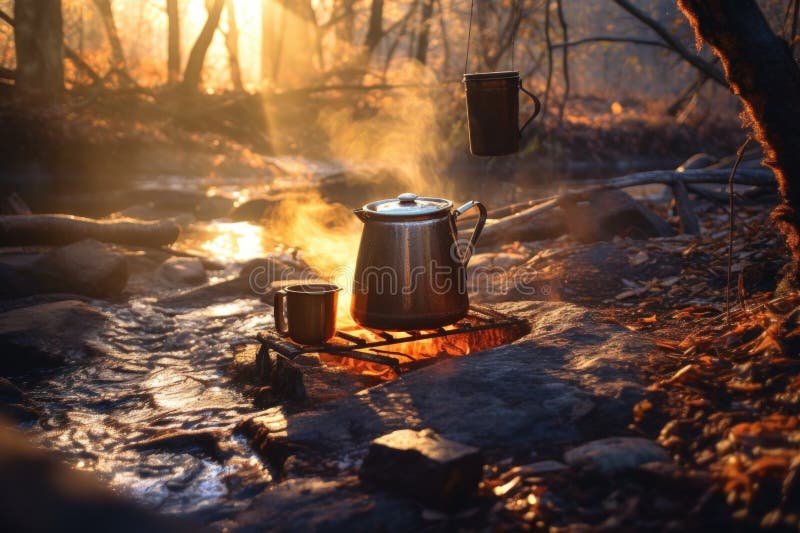 Morning Sunlight Shining on a Campfire Coffee Brew Stock Illustration ...
