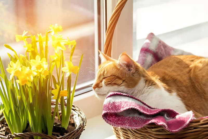 Morning Sunlight on the Sleeping Red Cat. Cute Funny Red-white Cat on ...