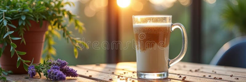 Morning Sunlit Iced Coffee on Rustic Table with Lavender and Greenery ...