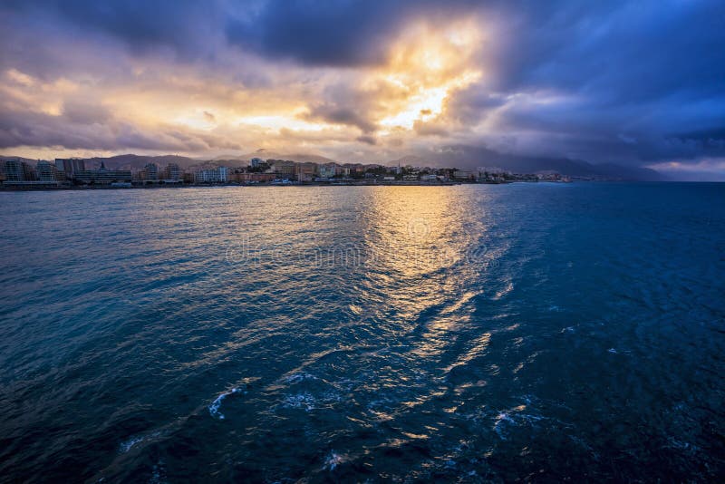 Morning sunrise over Genoa stock image. Image of cloudy - 129518997