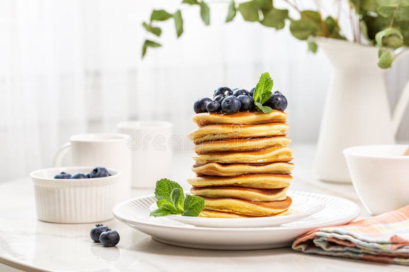 Morning Table, Homemade Breakfast, Stack of Pancakes with Blueberries ...