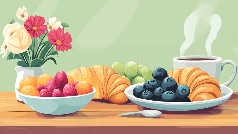 Morning Table Illustration: Fresh Fruit, Croissants, Coffee Stock Photo ...