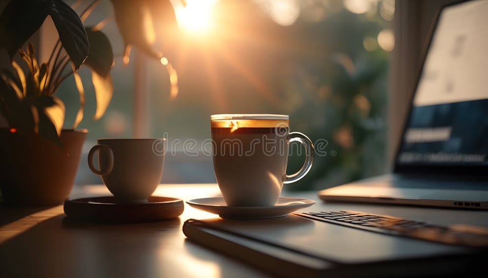 Morning Table with Laptop and Coffee. Sunny Morning Stock Illustration ...