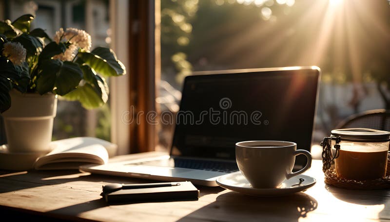 Morning Table with Laptop and Coffee. Sunny Morning Stock Illustration ...