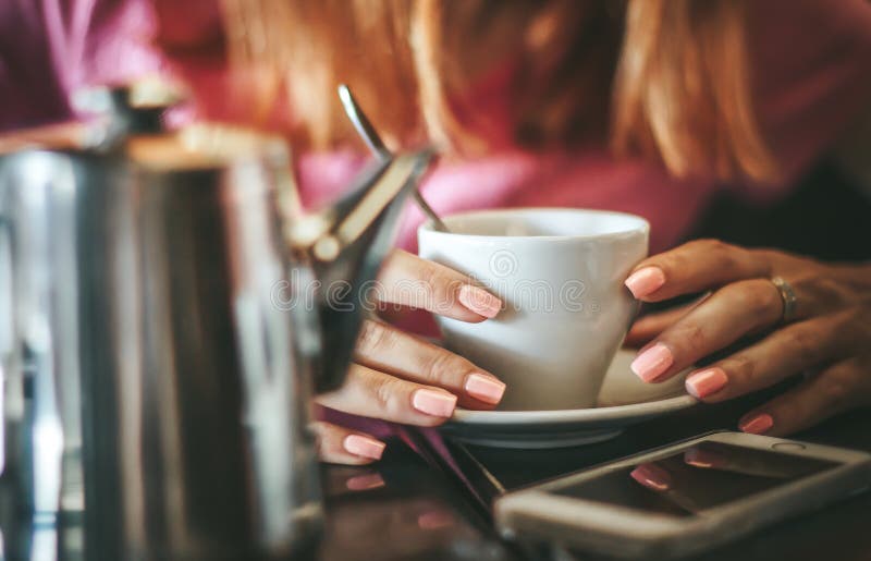 Morning black tea in cafe stock photo. Image of saucer - 369416408