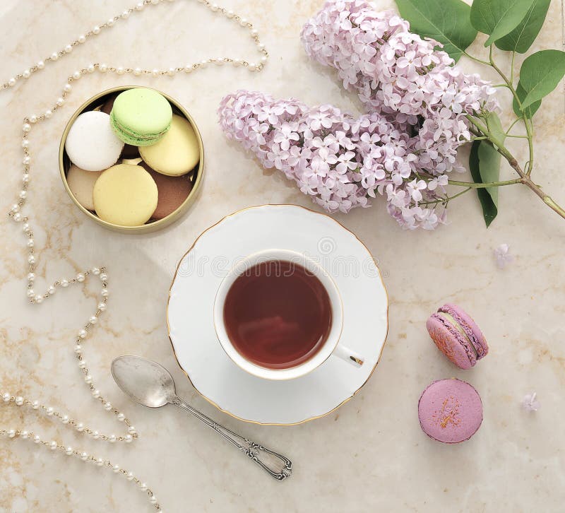 Morning Tea with Cookies, Macarons, and a Branch of Lilac Stock Image ...