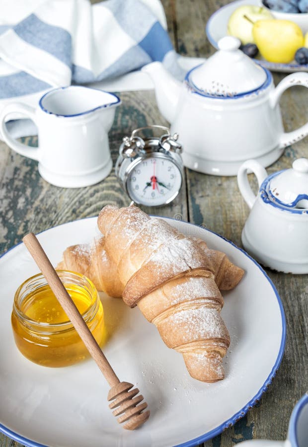 Morning tea and croissants stock image. Image of fragrant - 164571029