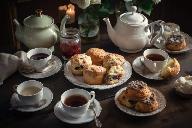 Morning Tea Party with Scones, Muffins, and Tea for Two Stock ...