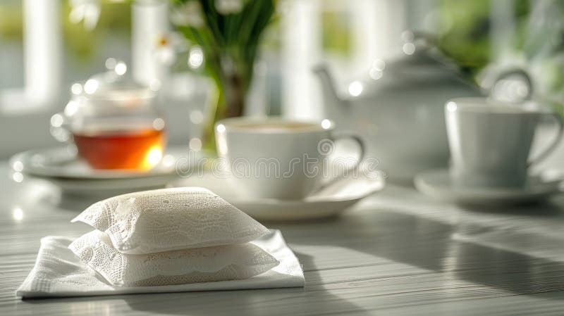 Morning Tea Setup with Teapot, Teacup, and Tea Bags on a Table Stock ...