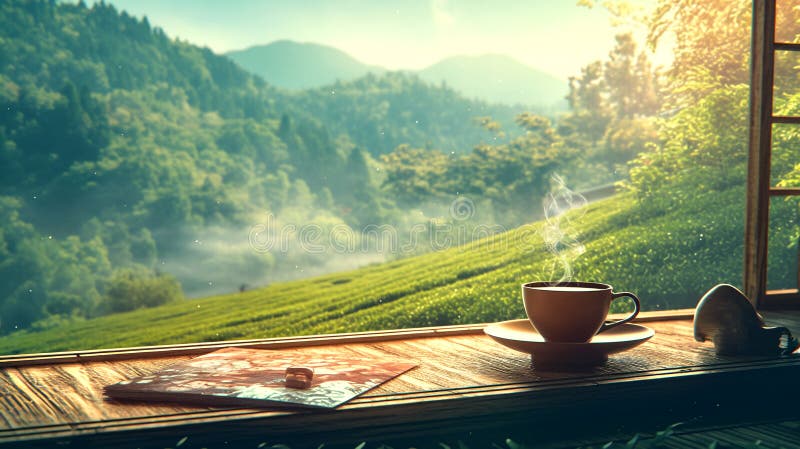 Morning Tea with a View of Green Hills Stock Illustration ...