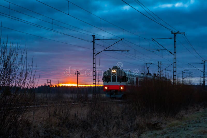 Morning Train at Beautiful Sunrise in Finland Stock Photo - Image of ...
