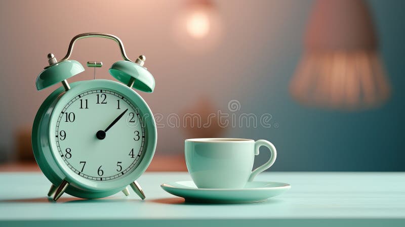 Morning Tranquility Alarm Clock and Coffee on Table, Blurred Background ...