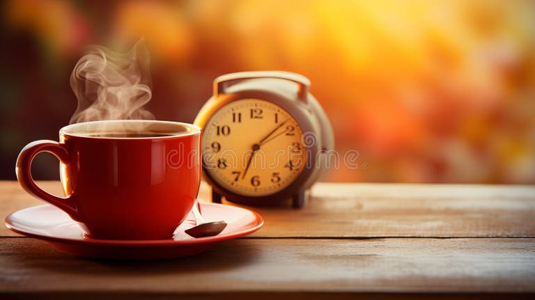 Morning Tranquility Alarm Clock and Coffee on Table with Blurred ...