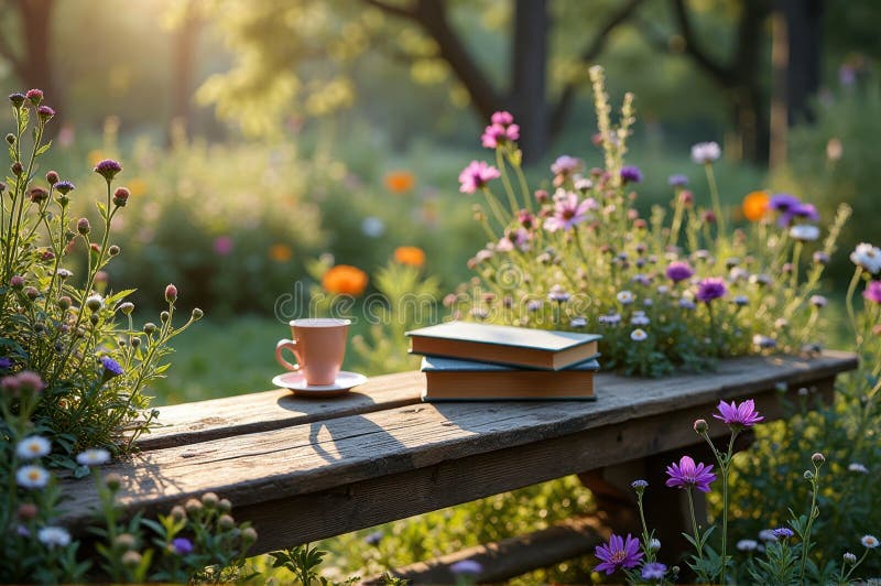 Morning Tranquility: Books and Coffee on Garden Bench Amid Blooming ...